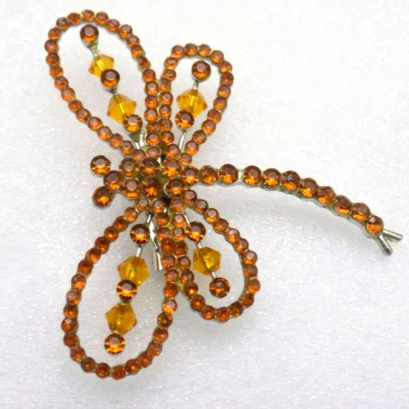 Vintage | Jewelry | Vintage Amber Rhinestone Dragonfly Brooch Pin Bug ...